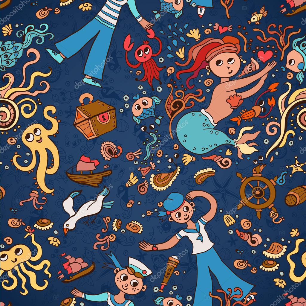 Underwater seamless pattern of elements on the tropic sea life. Marine ...