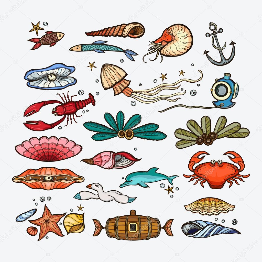 Vintage sea animals set collection. Hand drawn collection of various ...