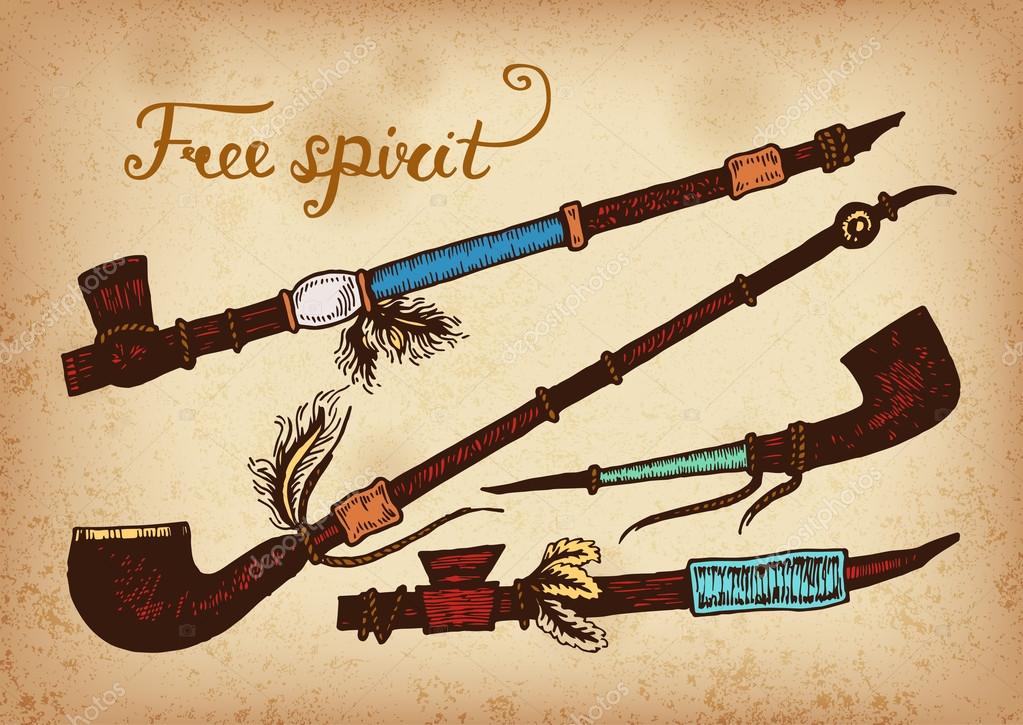 Set of 4 colored hand drawing ink traditional indian smoking pipe of ...