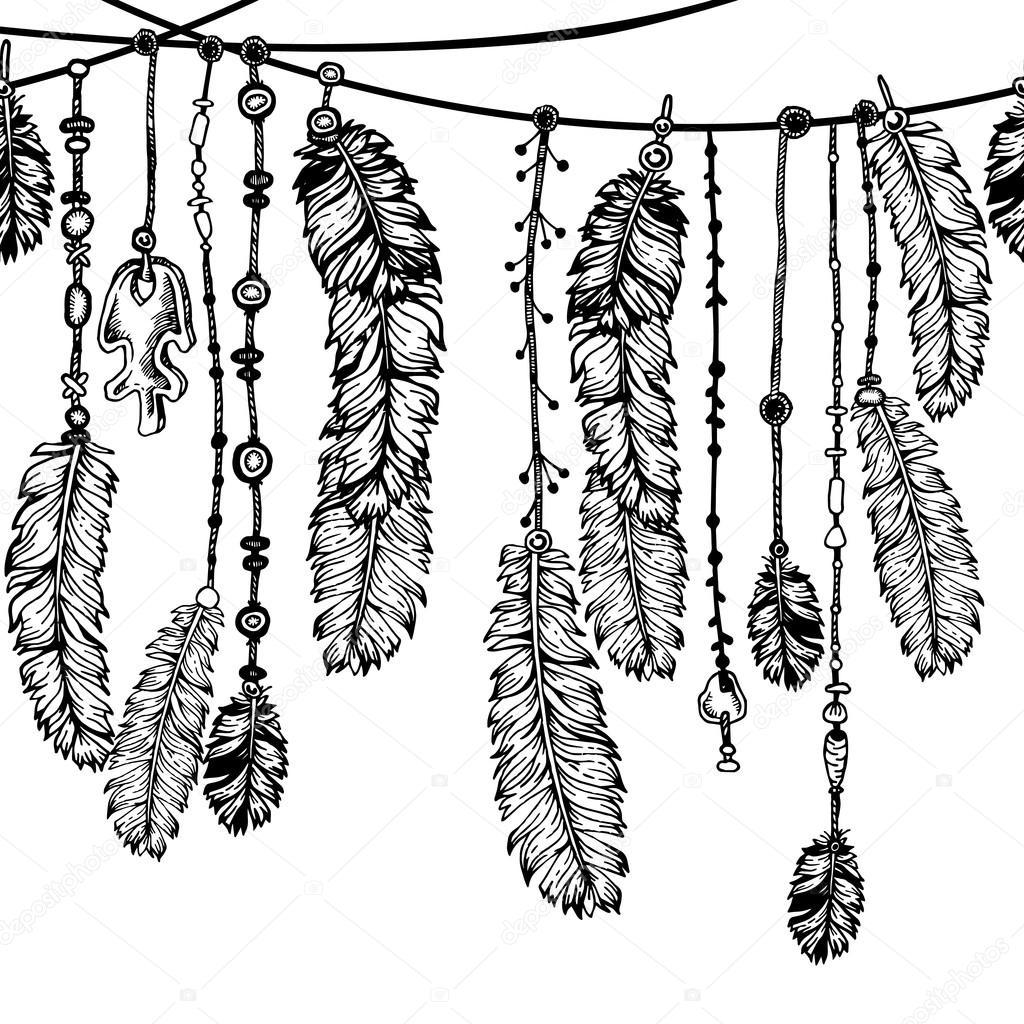 Tema tribal fondo con plumas dibujadas a mano. Frontera sin fisuras ...