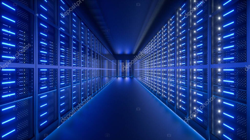 Interior de la sala de servidores en el centro de datos. Renderizado 3D ...