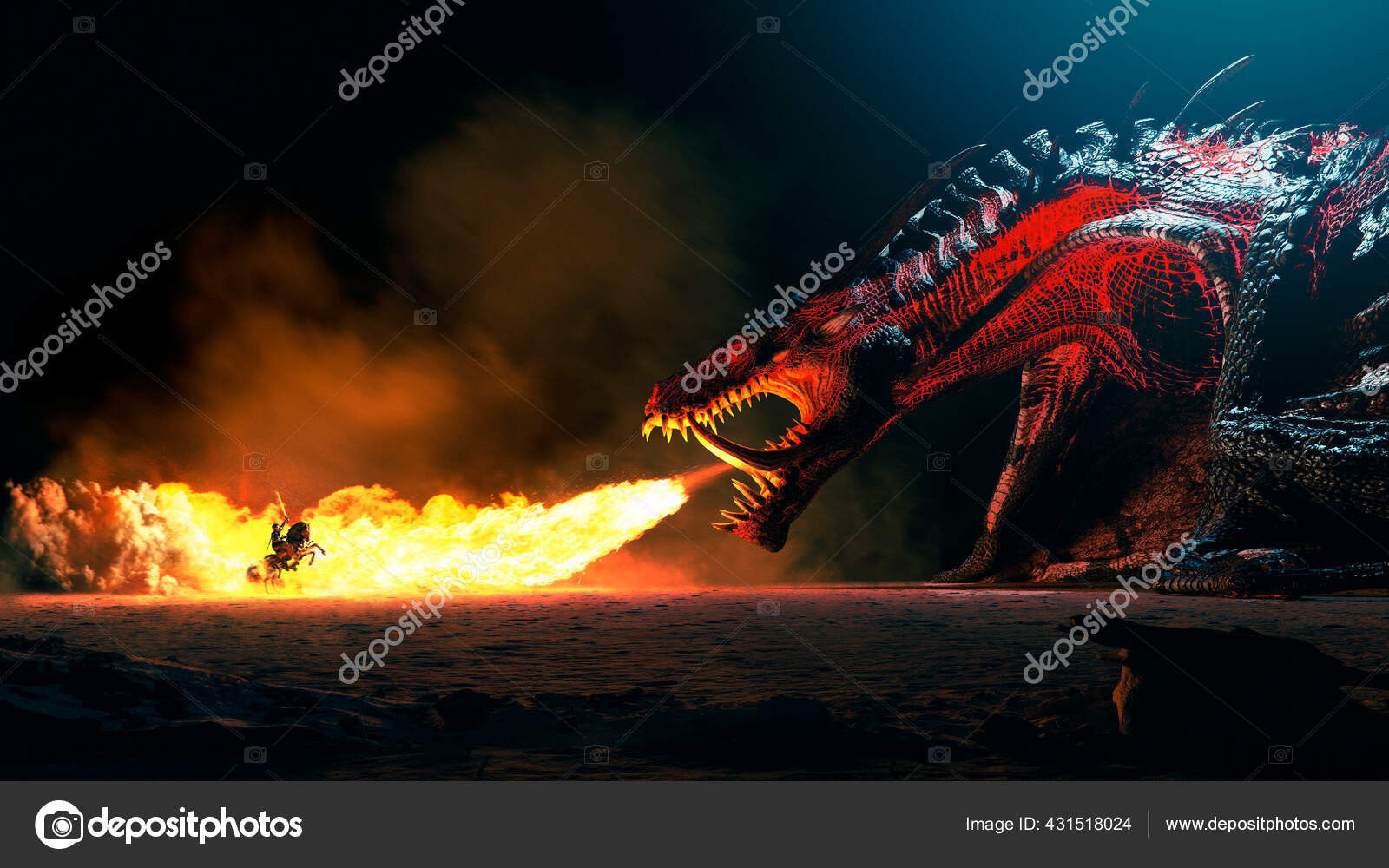 Giant Dragon Explode Fire Breathe Heroic Medieval Knight Horse Black ...