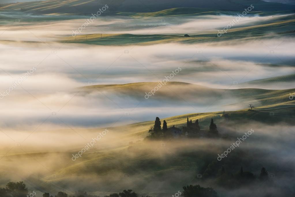 Fantastic landscape in the mists of light painted. Spring landsc ...
