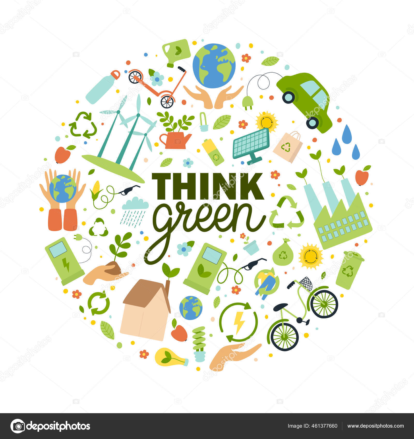 Think Green Slogan Eco Elements Circle Shape Earth Concept Hand Stock ...