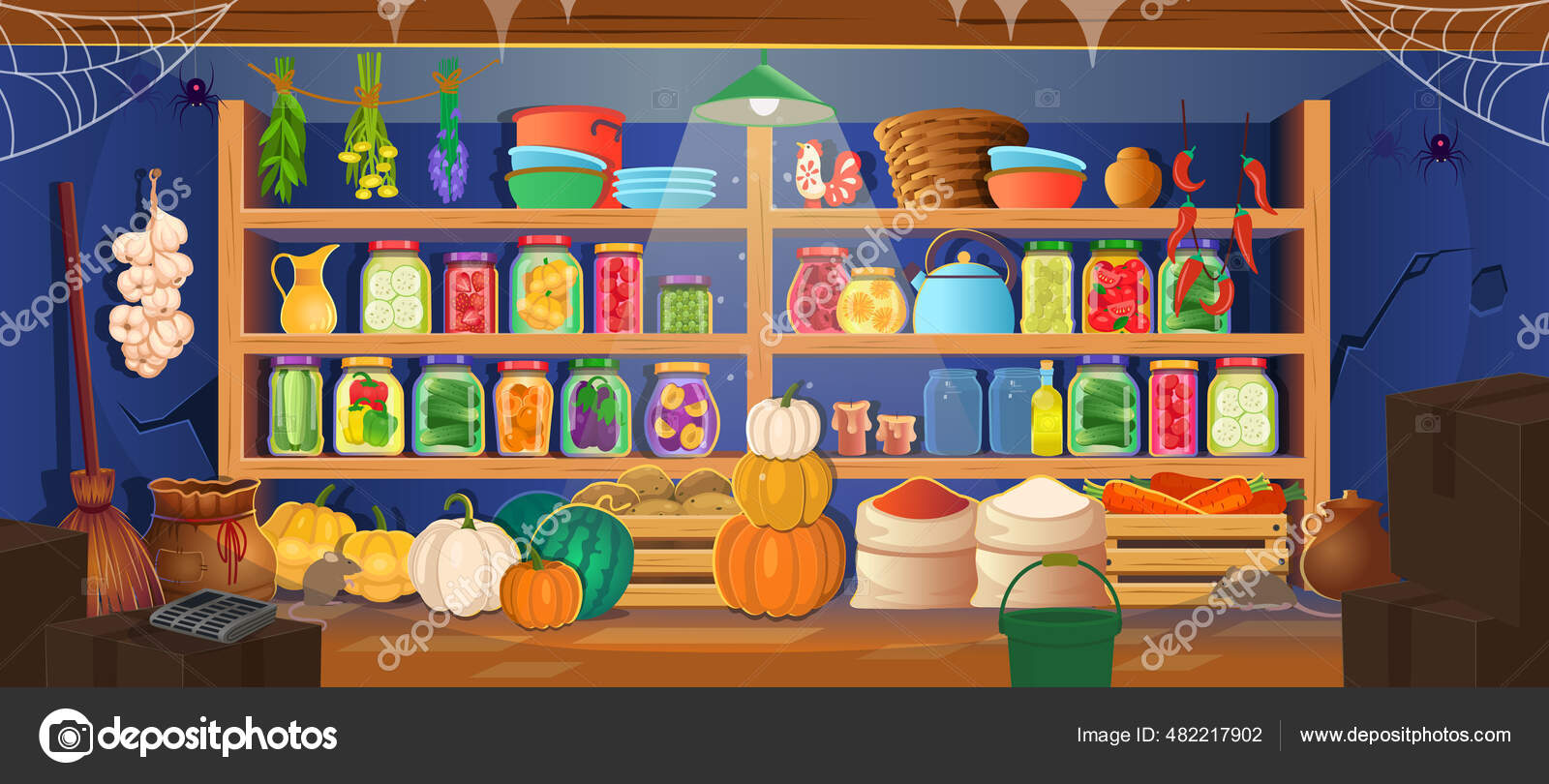 Pantry Cellar Food Preserves Shelves Vector Cartoon Interior Storeroom ...