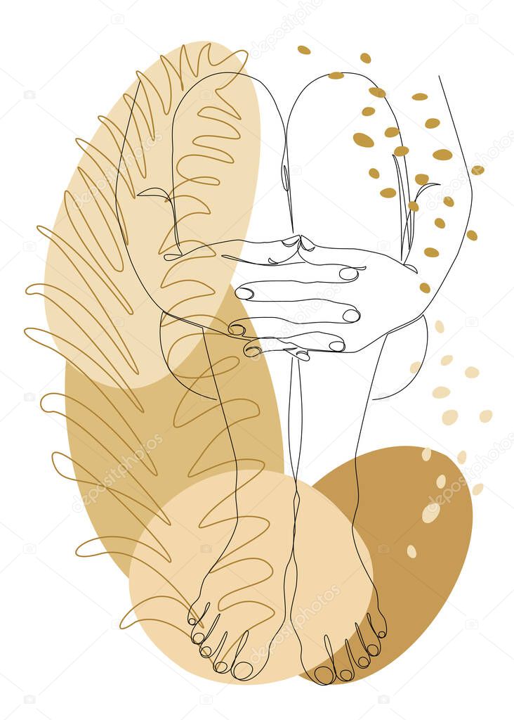 Las siluetas de las piernas y las manos de la muchacha y las hojas de la planta en el estilo ...