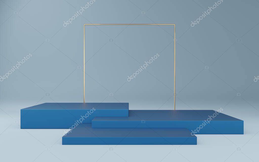 Podio de cubo azul vac o y cuadrado de oro sobre fondo azul. Resumen m ...