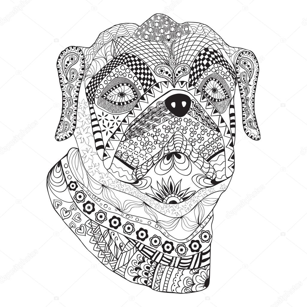 Hand drawn stylized dog with ethnic floral doodle pattern — Stock ...