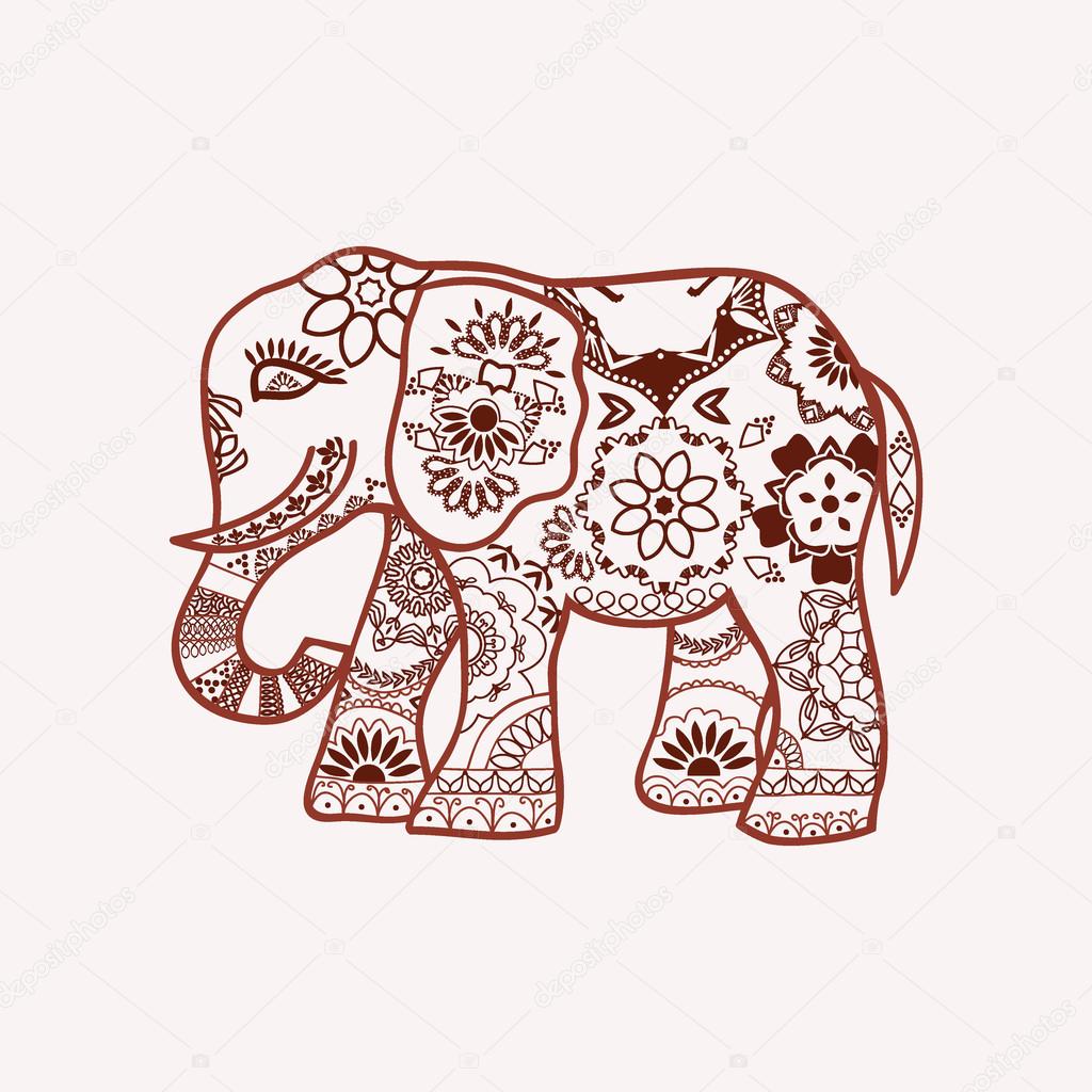 Hand-drawn Henna mehndi tattoo doodle with decorated Indian Elep ...