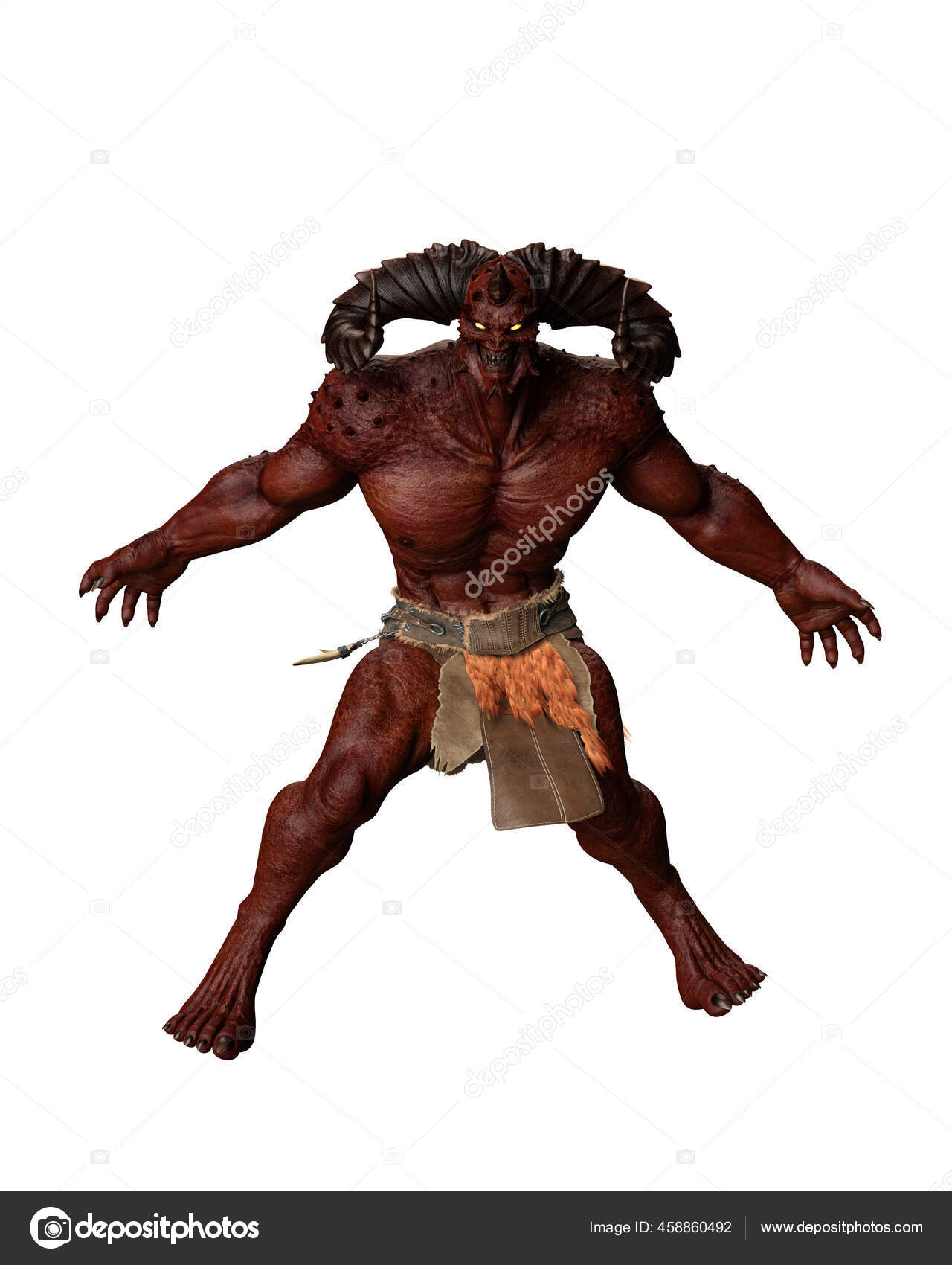 Red Skinned Demon Large Horns Standing Arms Spread Wide Menacing ...
