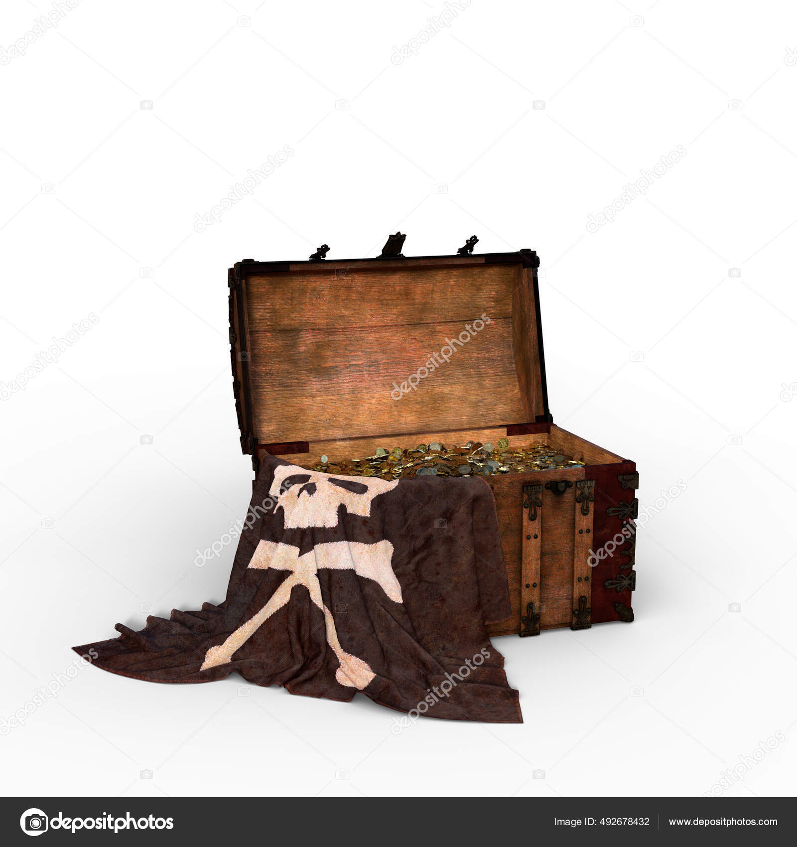 Wooden Pirate Treasure Chest Jolly Roger Flag Draped Side Illustration ...