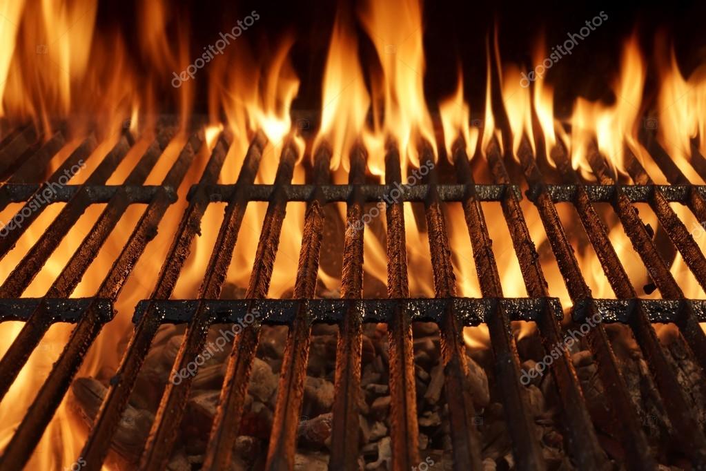 Empty Barbecue Grill Close-up With Bright Flames Stock Photo by ...