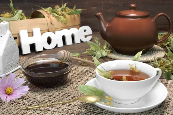 Home Tea Time Scene With Lime Tree Blossom. Rustic Style - Stock Image ...