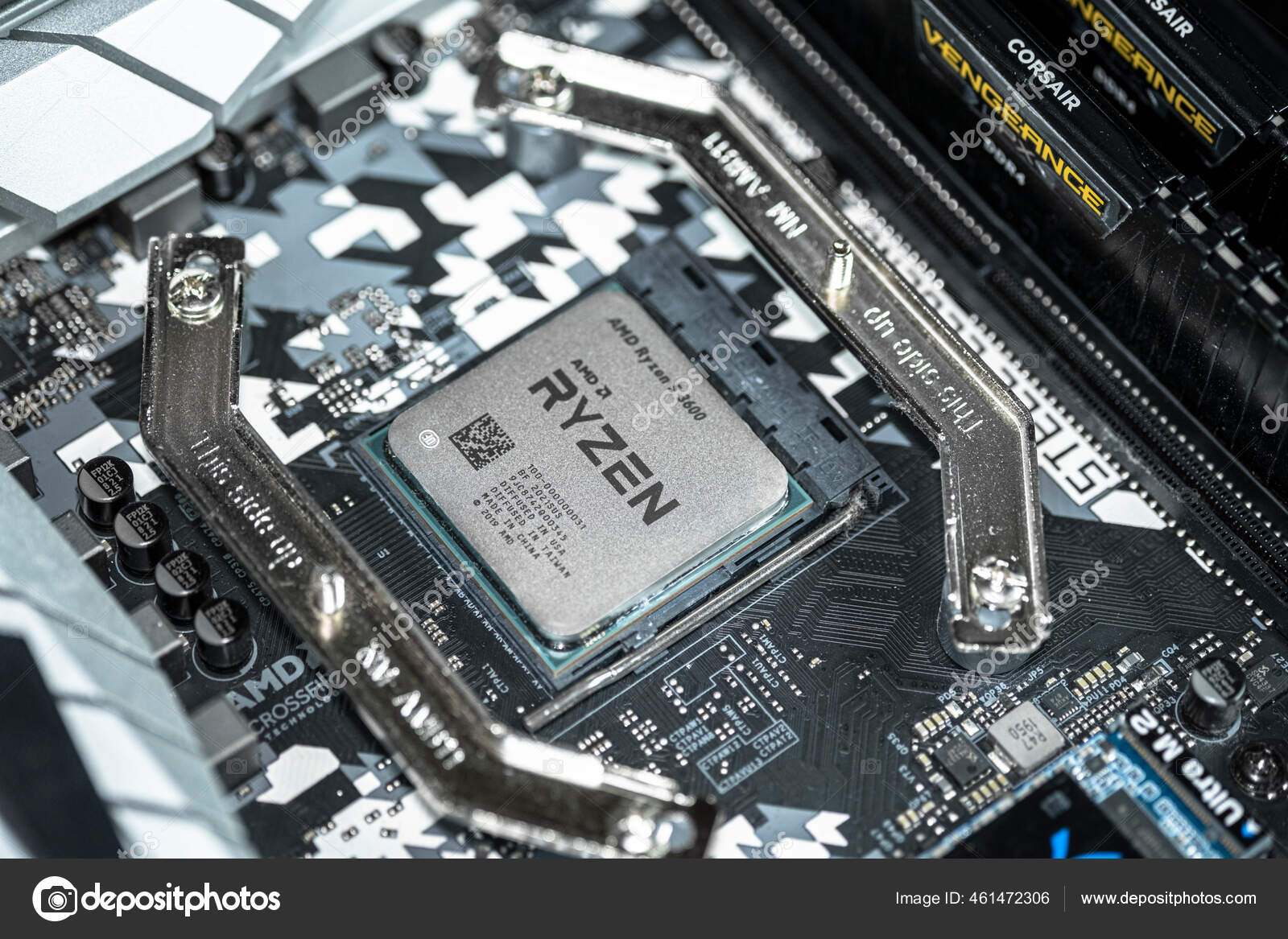 Amd ryzen 3600 desktop pc cpu installed on hi tech motherboard,computer components chip — Stock ...