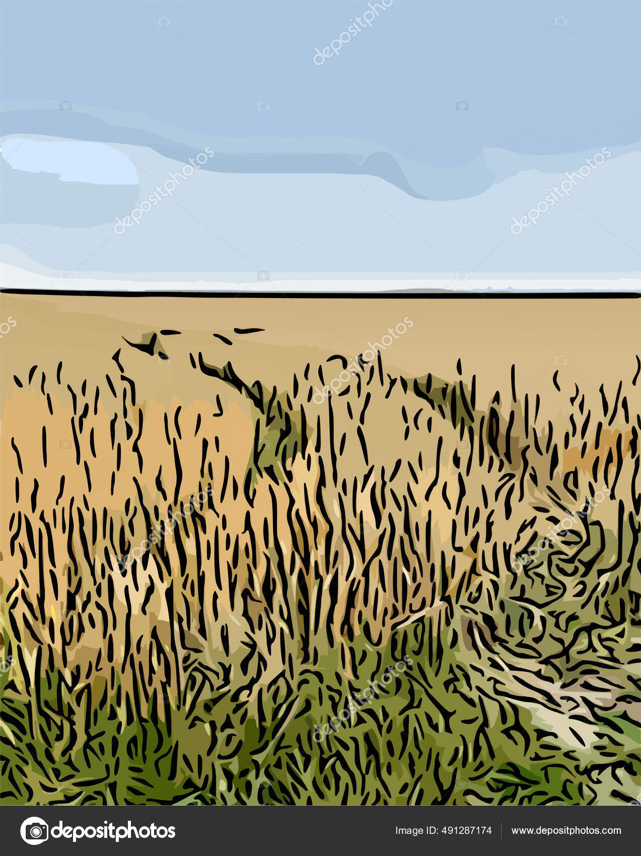 Countryside Summer View Wheat Field Pass Sky Cartoon Outlines Stock ...