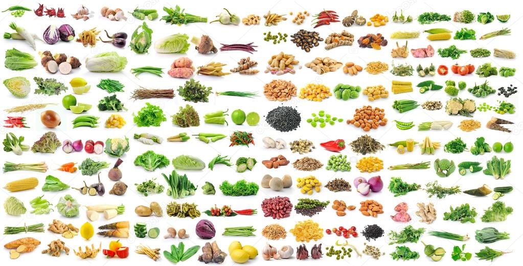 Set of vegetable grains and herbs on white background — Stock Photo ...