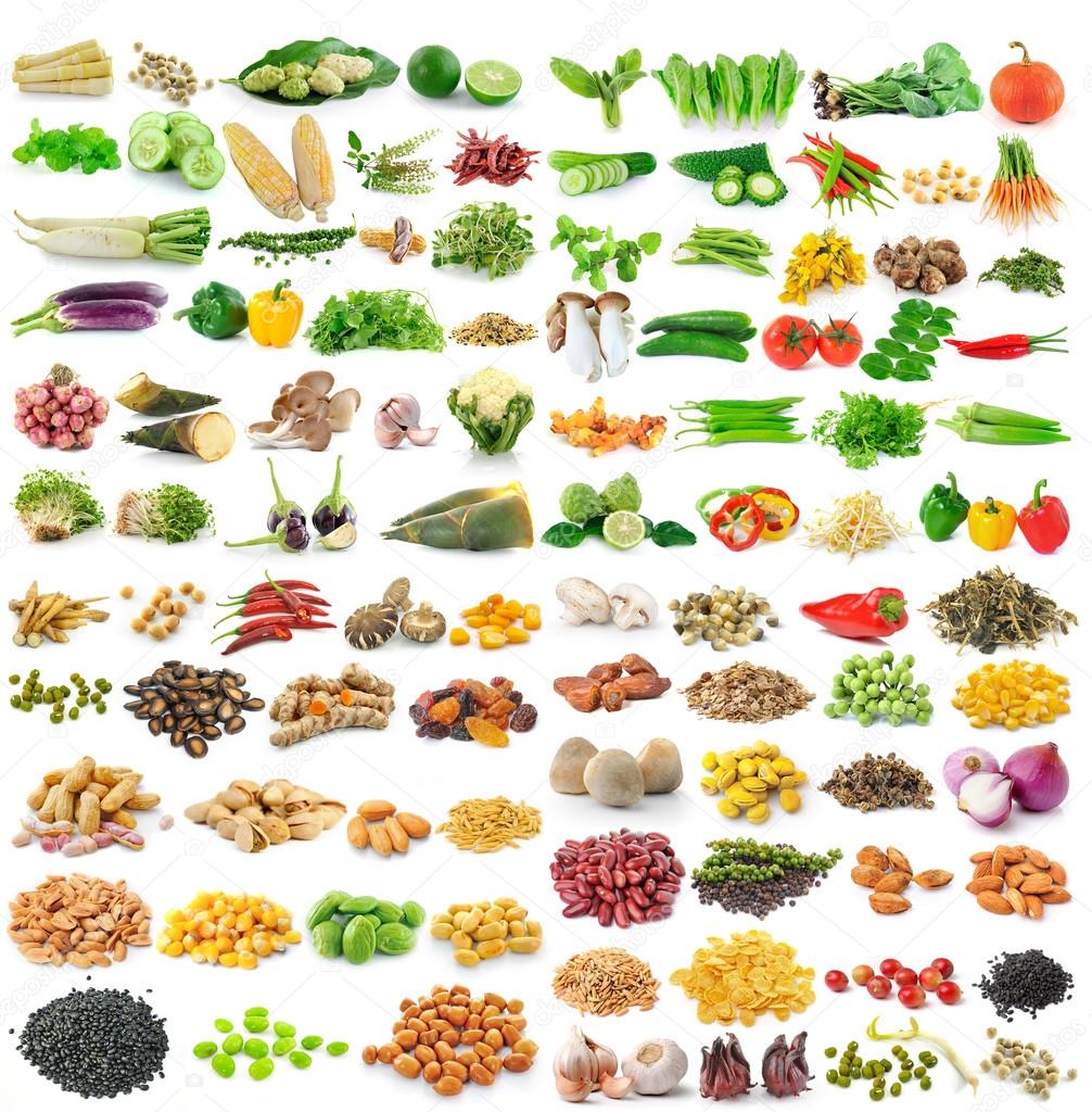 Set of grains and vegetable on white background — Stock Photo ...