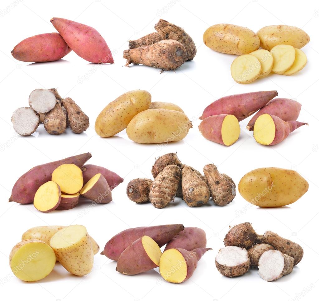 Patate douce, pomme de terre, racine de taro sur le fond blanc ...