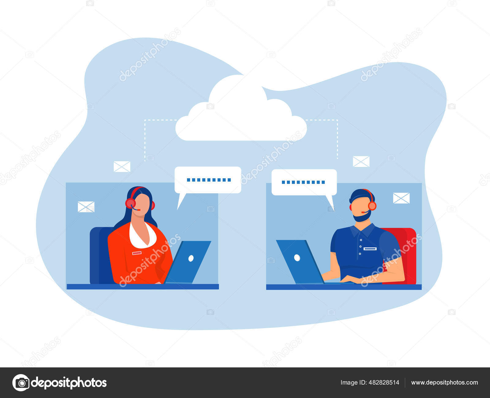 Man Woman Operators Headset Advising Customers Flat Style Design Call ...