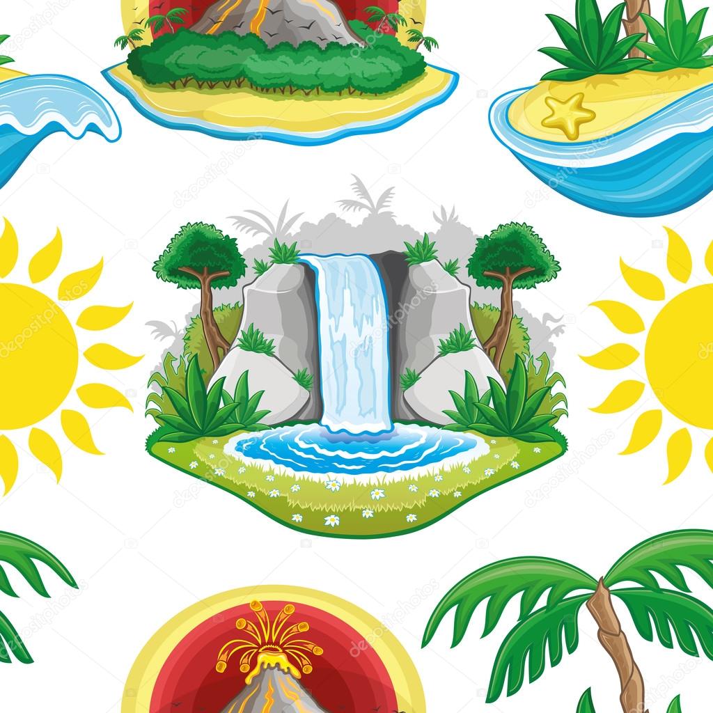 Sun, volcano, waterfall and tropical island Stock Vector Image by ...