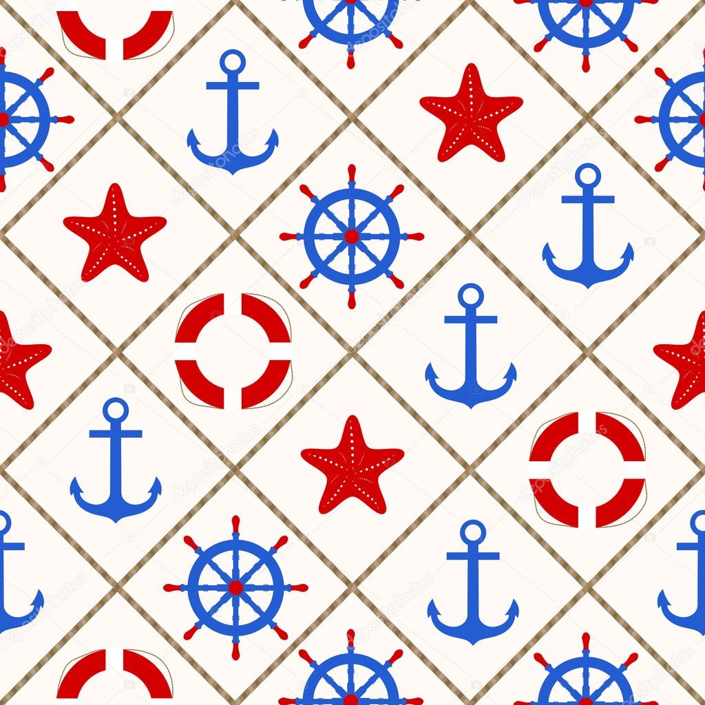 Seamless nautical pattern with sea theme elements on white — Stock ...
