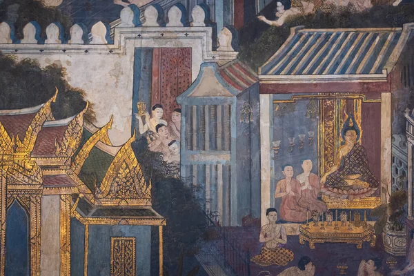 Ancient Famous Thai Mural Wall Paintings Attached Building Inner Wall ...