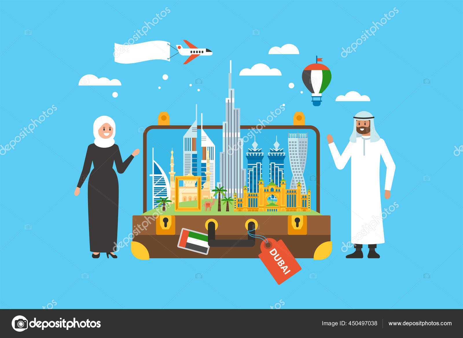 Travel Dubai Concept Skyline Famous Buildings Landmark Suitcase Arab ...