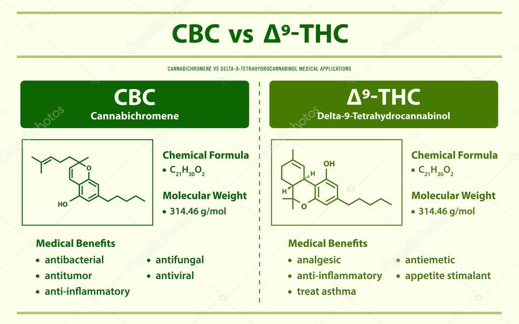 CBC vs 9 THC, Cannabichromene vs Delta 9 Infografía horizontal de ...