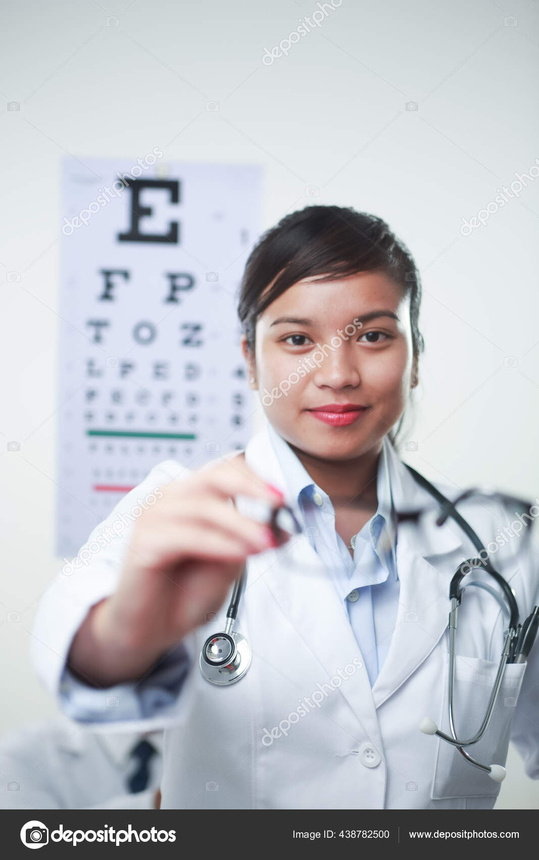 Female Doctor Stethoscope Vision Chart Back — Stock Photo ...
