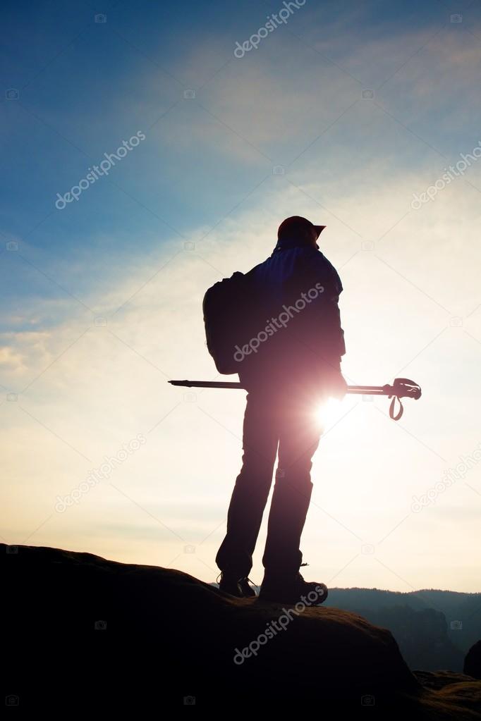Man hikerwith trakking poles stand on mountain peak rock. Small pine ...