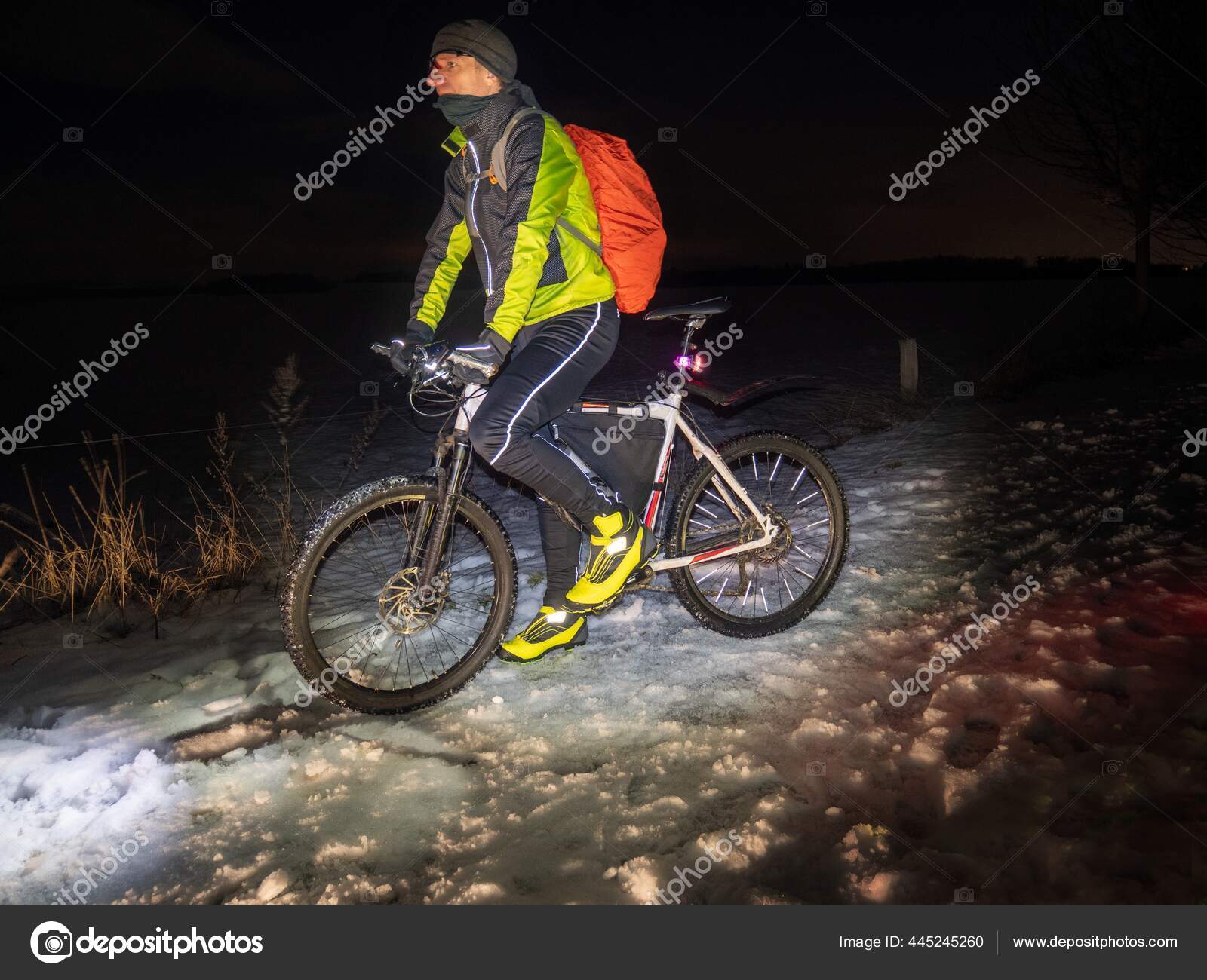 Mountain Biker Ride Alone Snowy Winter Night Sportsman Properly Equiped ...