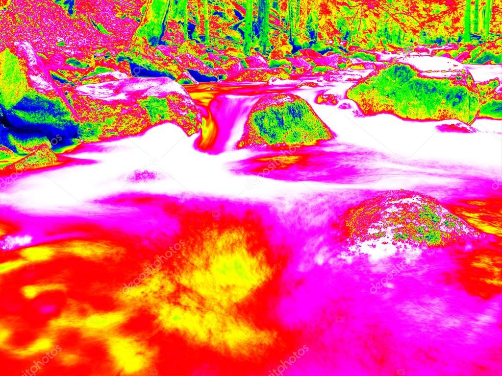 Foamy water level of waterfall, curves between boulders of rapids ...