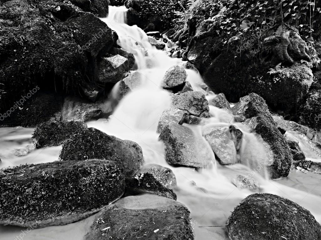 Cascade on small mountain stream, water is running over mossy sandstone ...