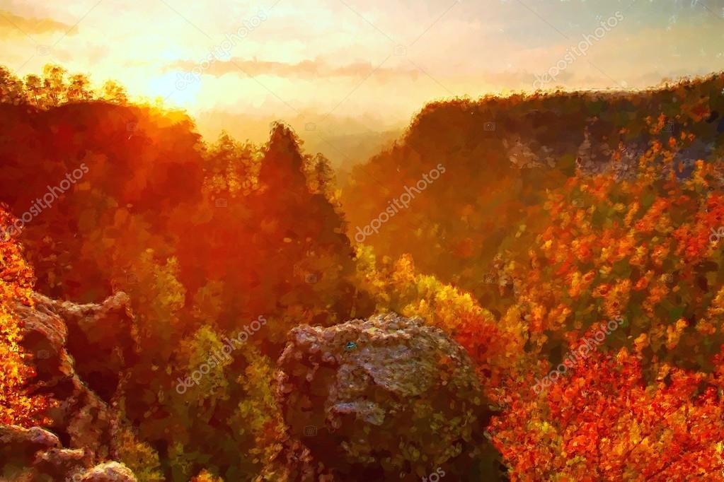 Watercolor paint. Paint effect. Autumn sunset view over colorful rocks ...