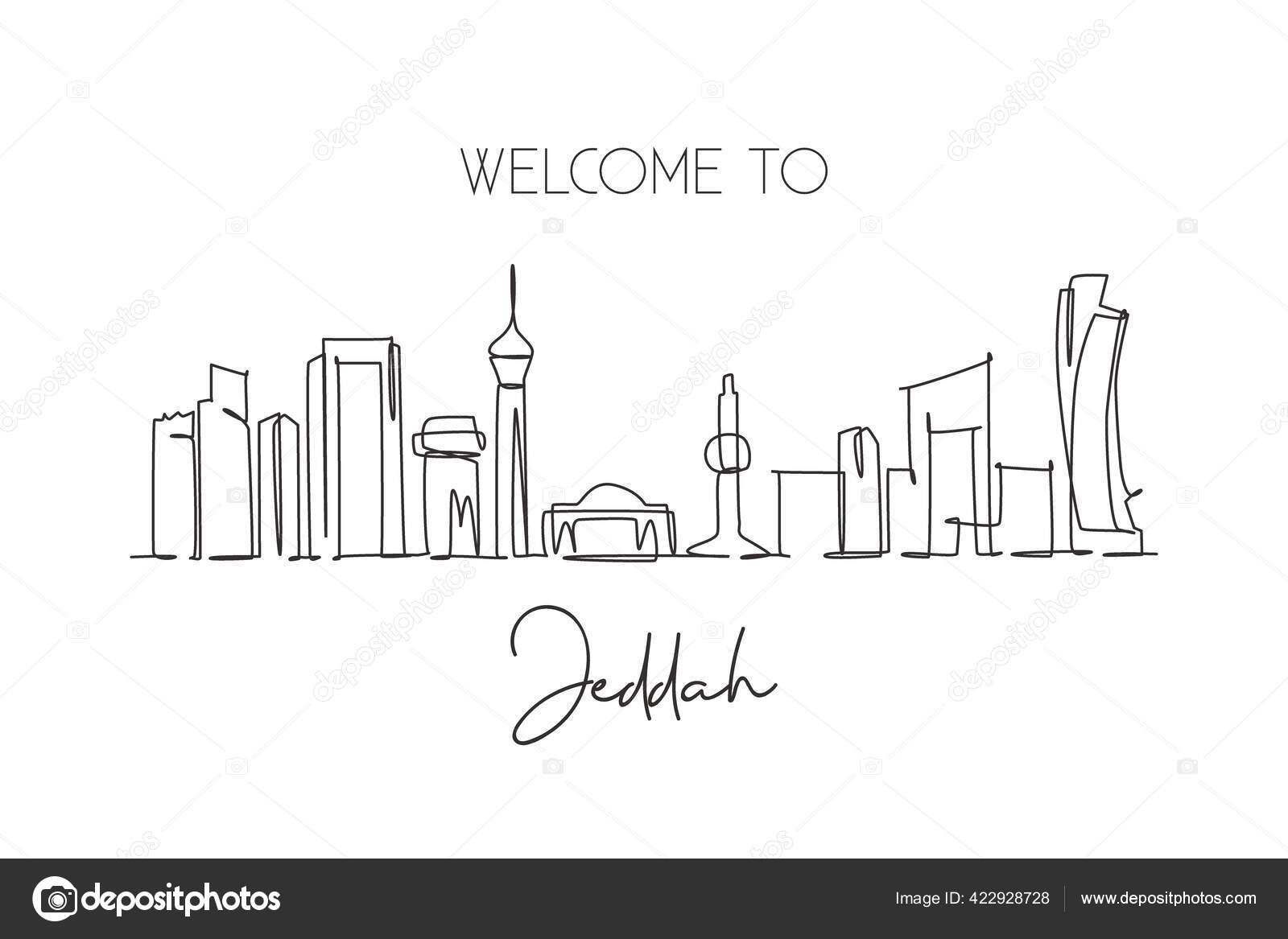 One Continuous Line Drawing Jeddah City Skyline Saudi Arabia Beautiful ...