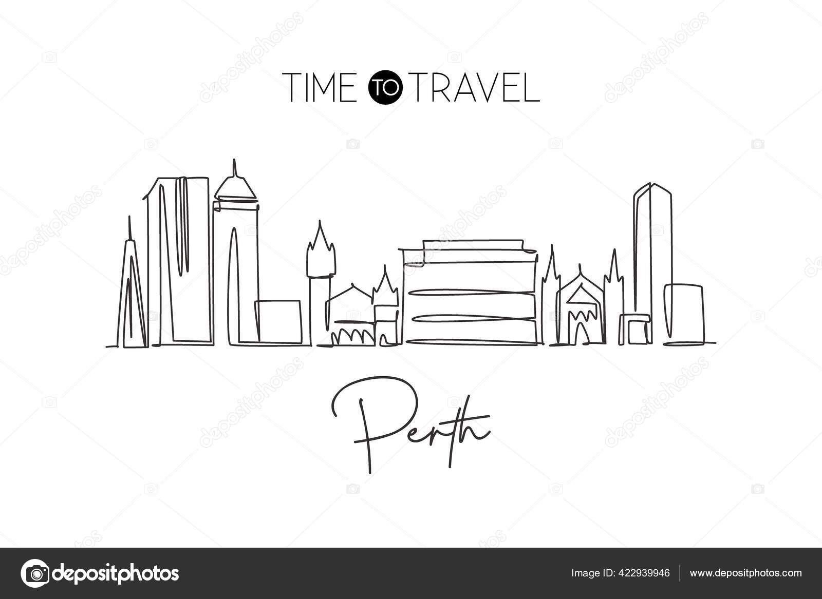 One Continuous Line Drawing Perth City Skyline Australia Beautiful ...