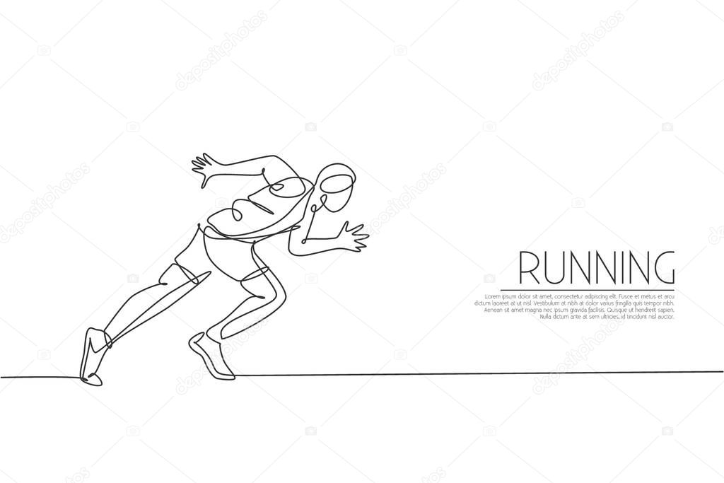 Dibujo de línea continua única de hombre ágil joven corredor se centran ...