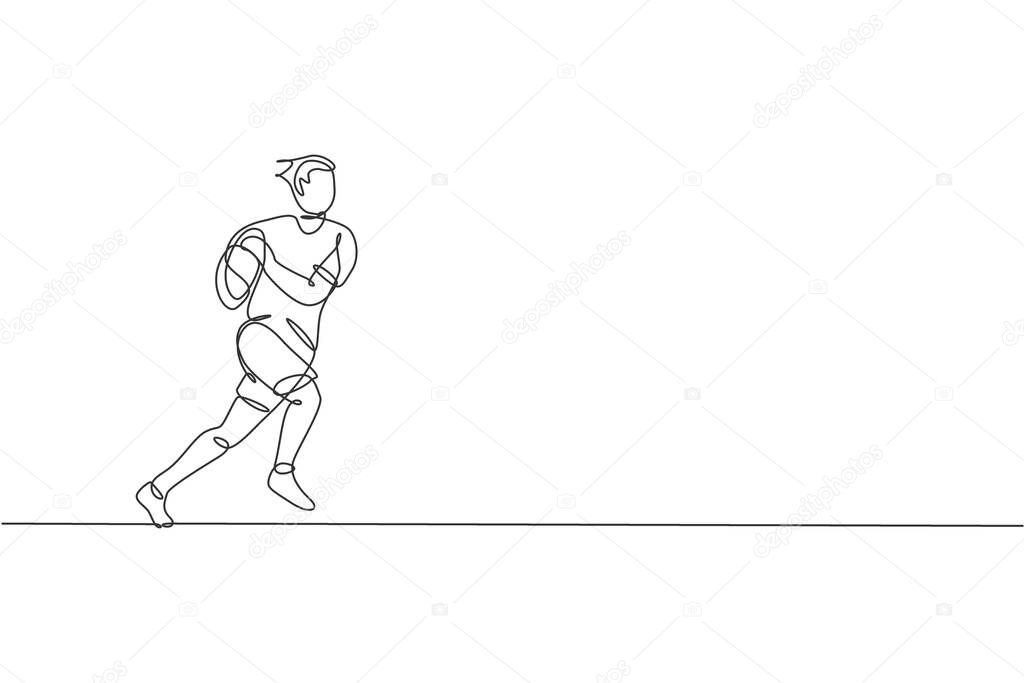 Una sola línea de dibujo de un joven jugador de rugby enérgico ...