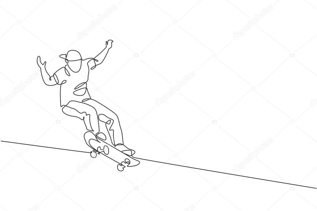 Dibujo de línea continua única de un joven patinador fresco que monta ...