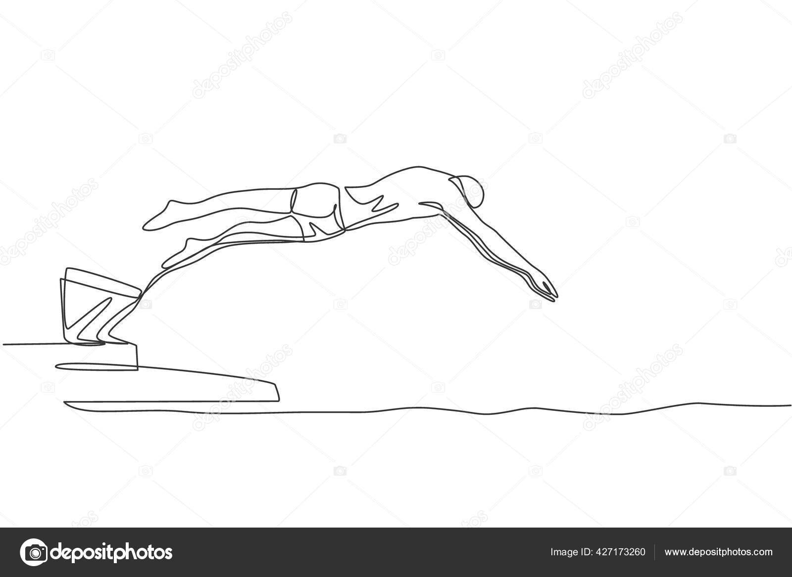 One Single Line Drawing Young Sporty Fit Swimmer Jump Practice Stock ...