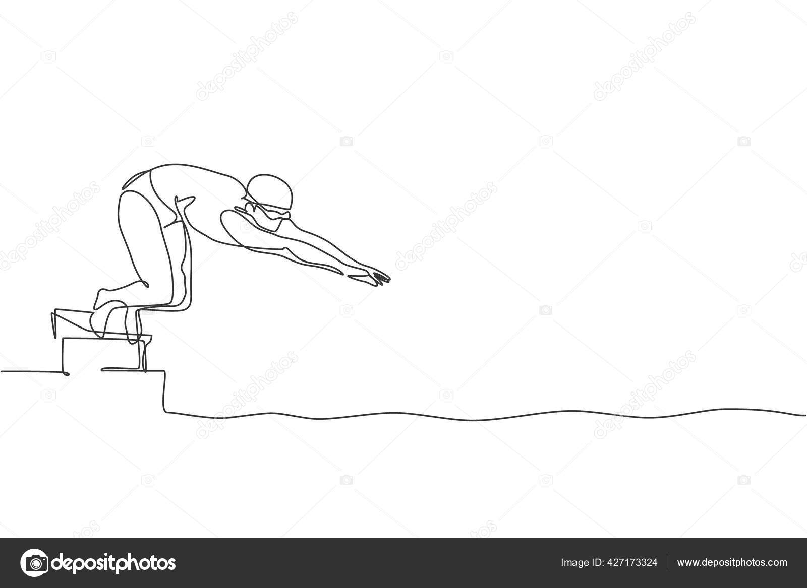 One Single Line Drawing Young Sporty Fit Swimmer Ready Jump Stock ...