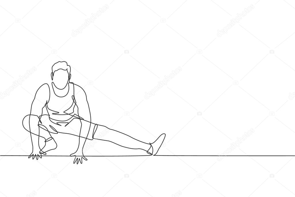 Una línea continua de dibujo de un joven deportista haciendo ejercicio ...