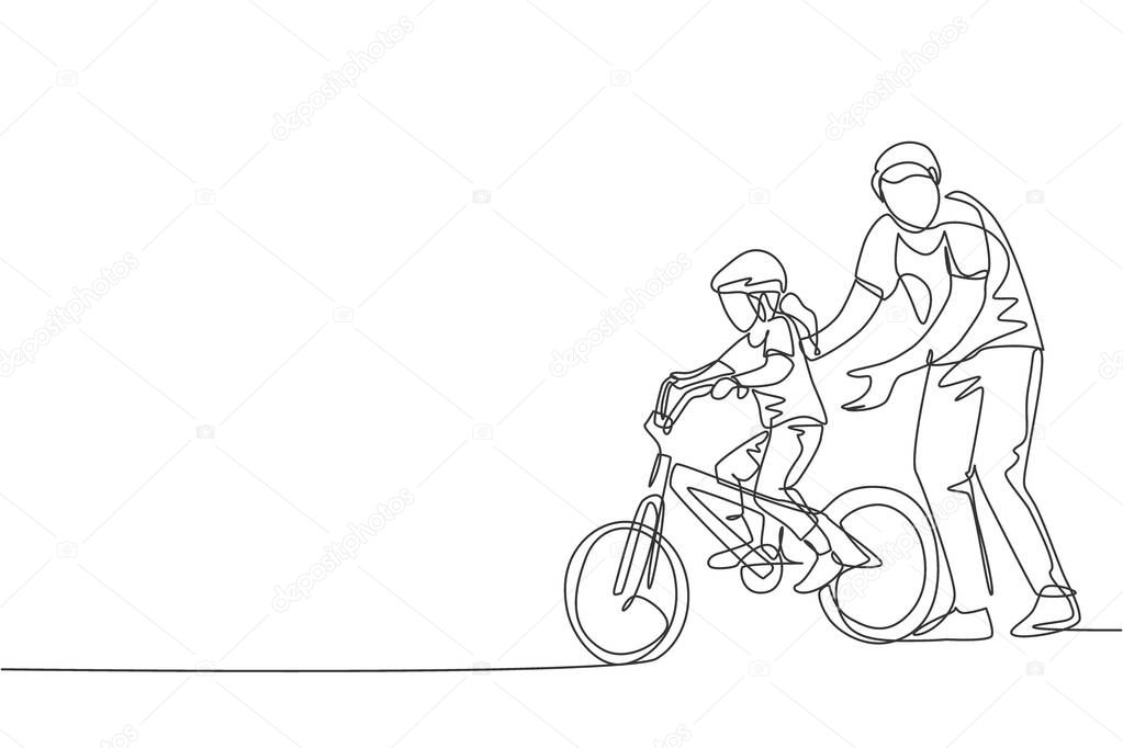 Una sola línea dibujar padre joven enseñando a su hija montar en ...