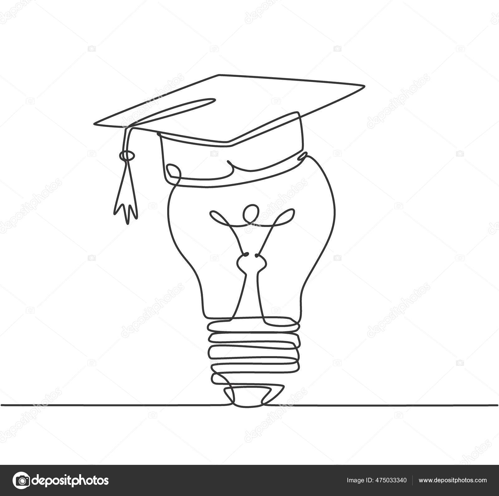 Satu Baris Tunggal Gambar Bola Lampu Mengenakan Kelulusan Topi Topi ...