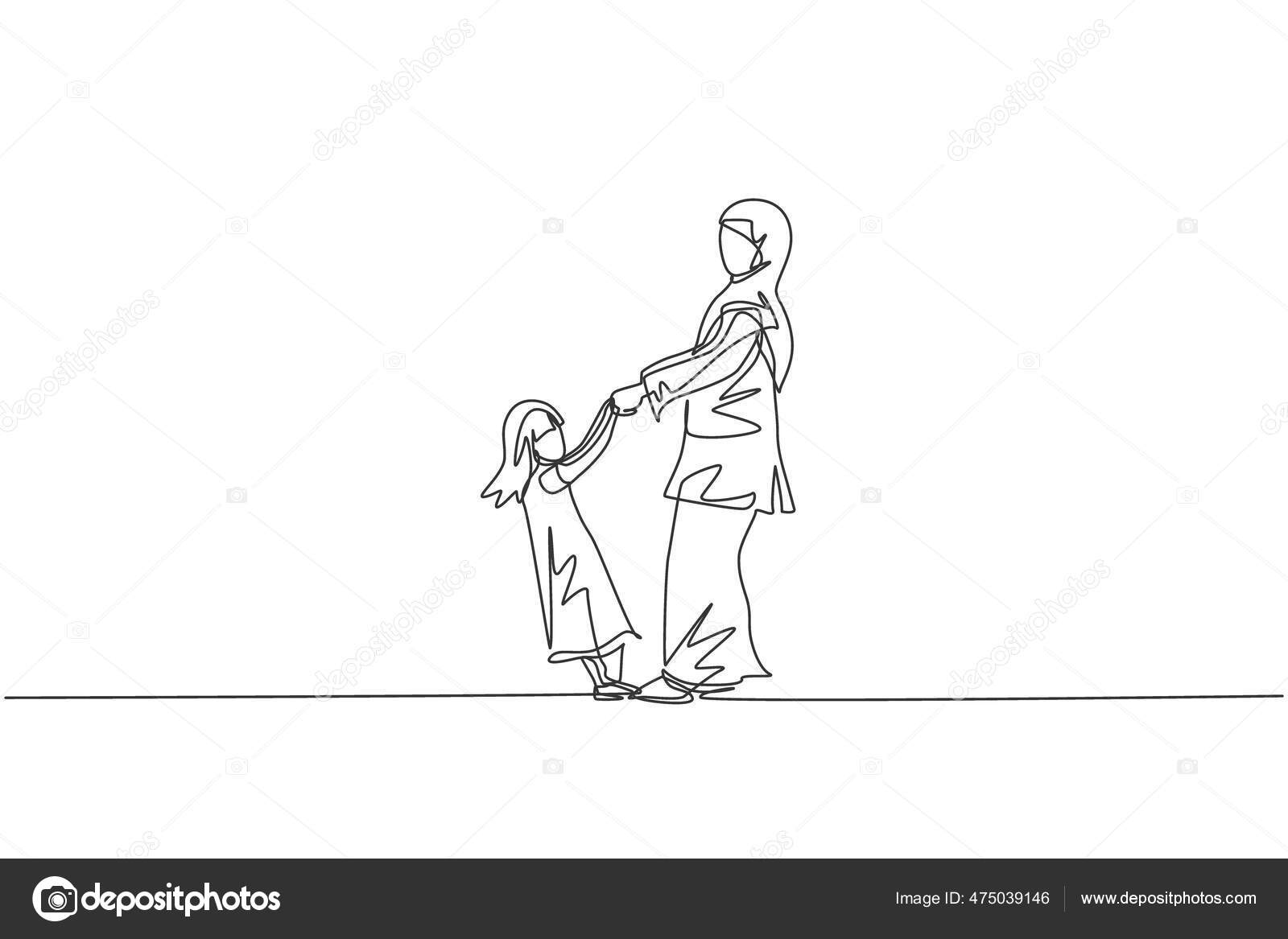 Einzeilige Zeichnung Einer Jungen Arabischen Mutter Und Tochter Die ...