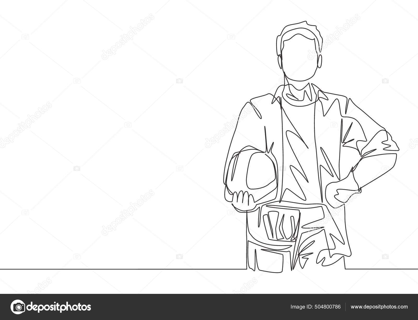 One Single Line Drawing Young Craftsman Wearing Building Construction ...
