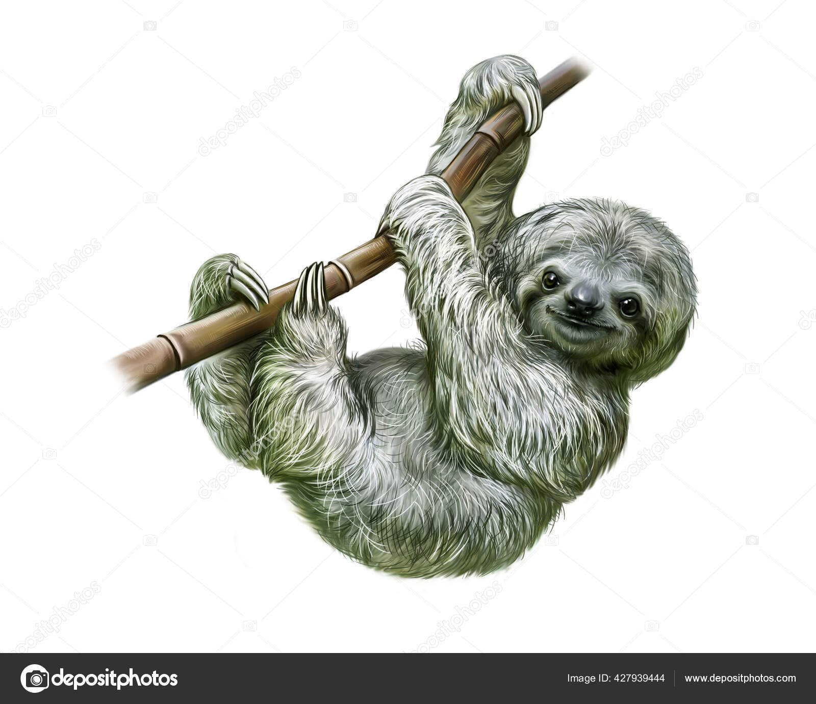 Sloth Folivora Hanging Branch Realistic Drawing Illustration ...