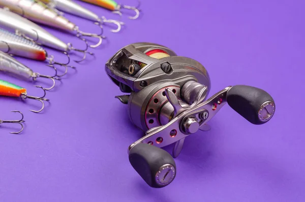 Artificial lures for fishing for predatory fish and a fishing reel on a ...