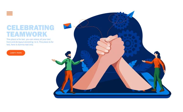 People celebrating teamwork and togetherness with discussion in front of big joining hands Stock ...