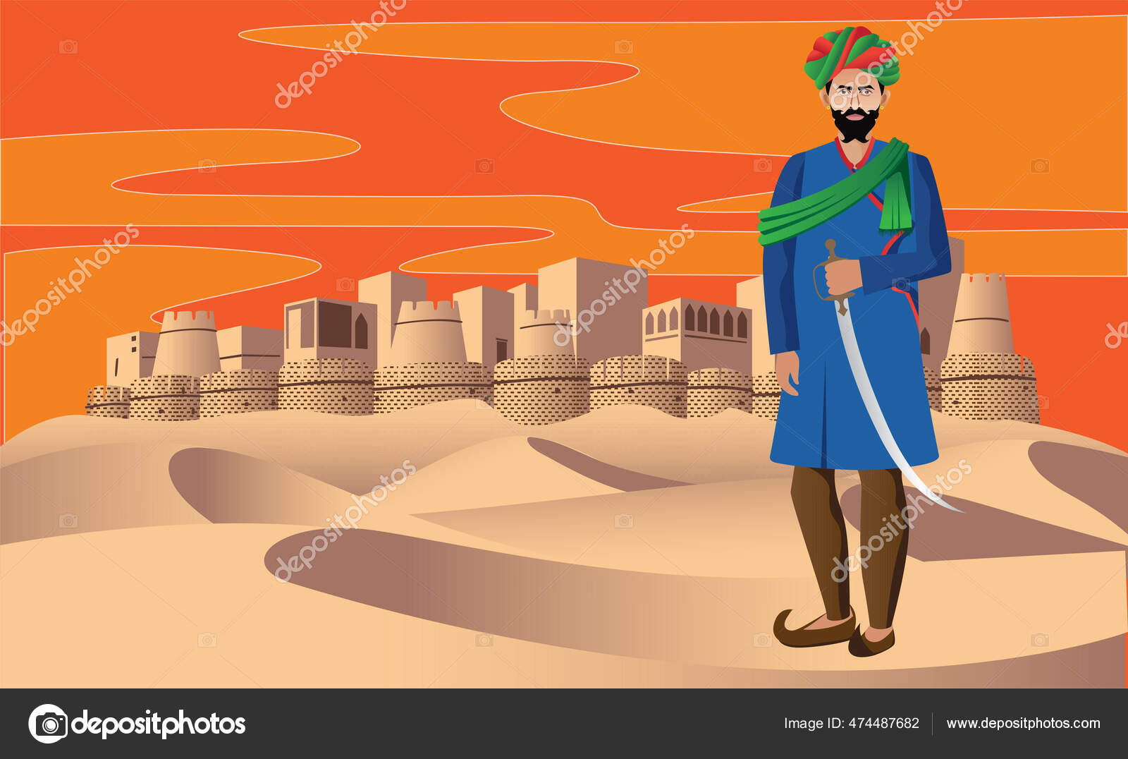 Rajasthani Royal Man Standing Front Fort Vector Illustration Stock ...